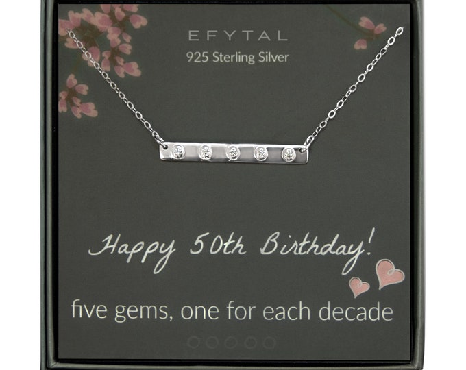 50th Birthday Gifts for Women, 925 Sterling Silver Five CZ Bar Necklace ...