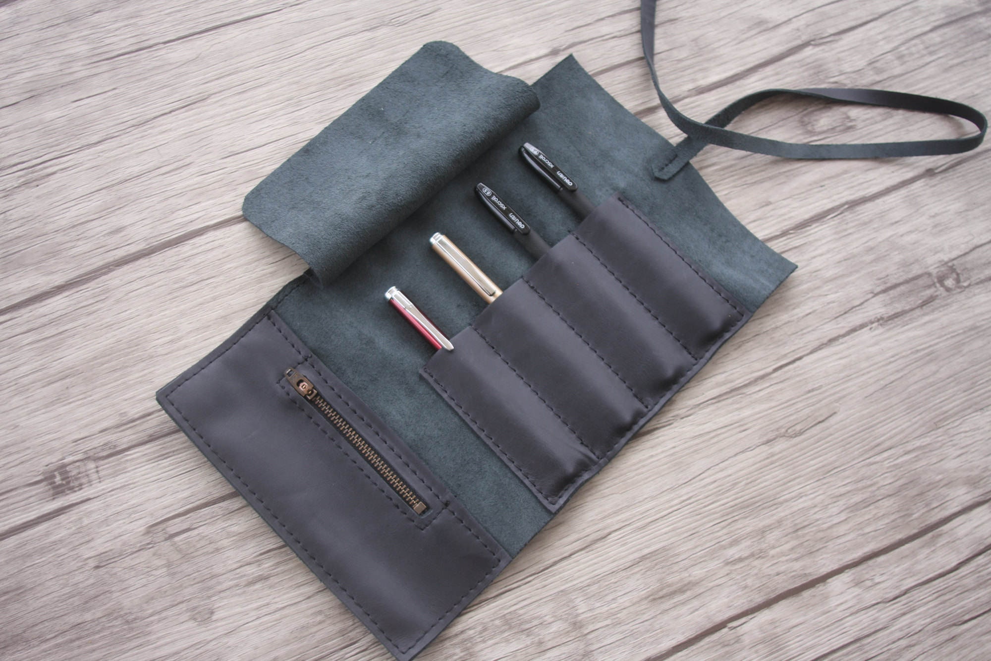 Black Leather Pencil Case Best Cool Roll up Pen Cases - Etsy UK