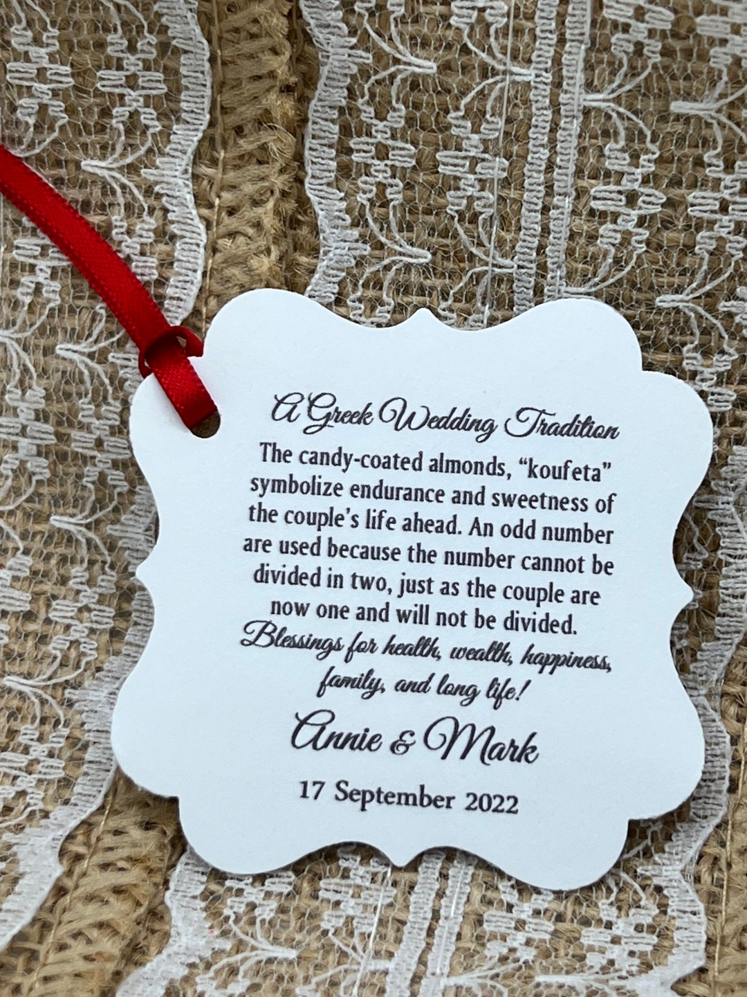 Greek Tradition Favor Tags, Jordan Almond Favor TAGS, Wedding Tags ...