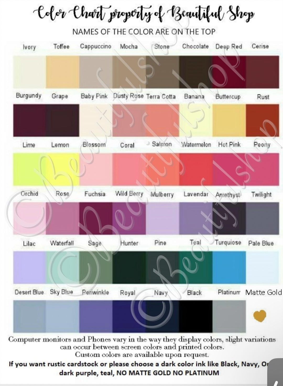 Color Chart - Do Not Buy - Color Selection ONLY - Etsy
