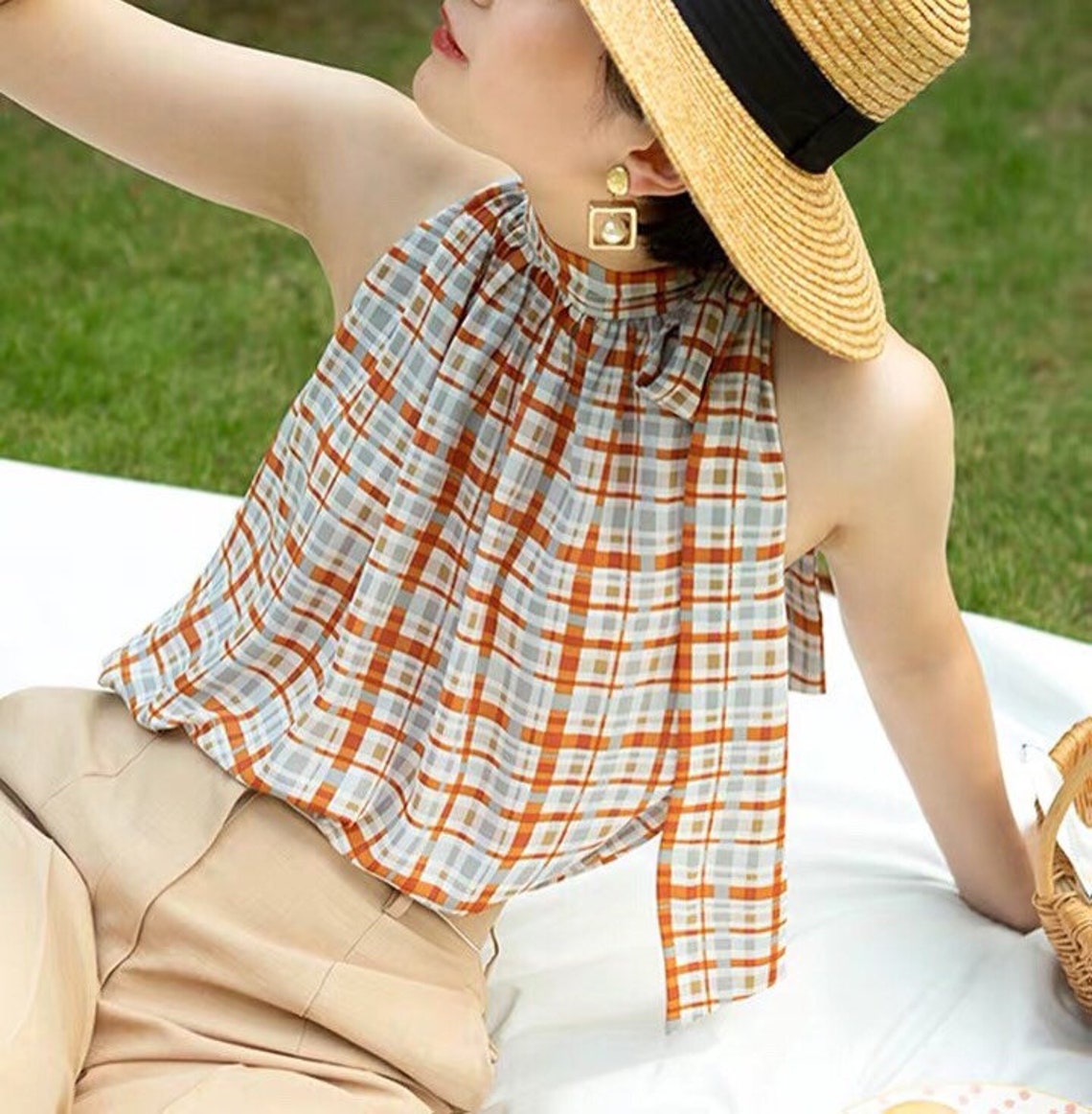 La Chic Parisienne Collection orange grille bleue haut avec | Etsy