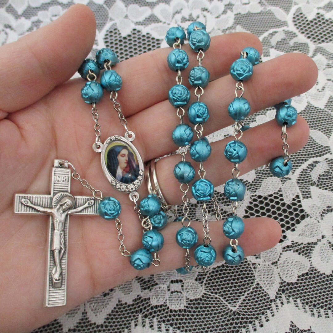 Our Lady of Sorrows, Blue Rose Rosary - Etsy