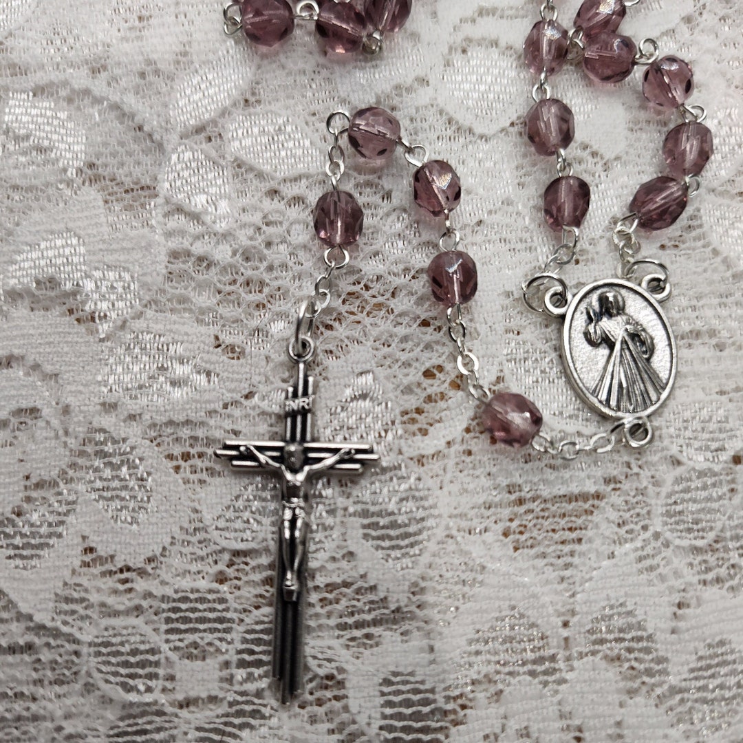 Divine Mercy, "in Jesus I Trust" Pink/light Amethyst Rosary - Etsy