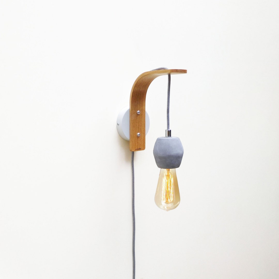 Plug in Wall Sconce With Concrete Pendant Lamp, Bentwood Oak Bracket ...
