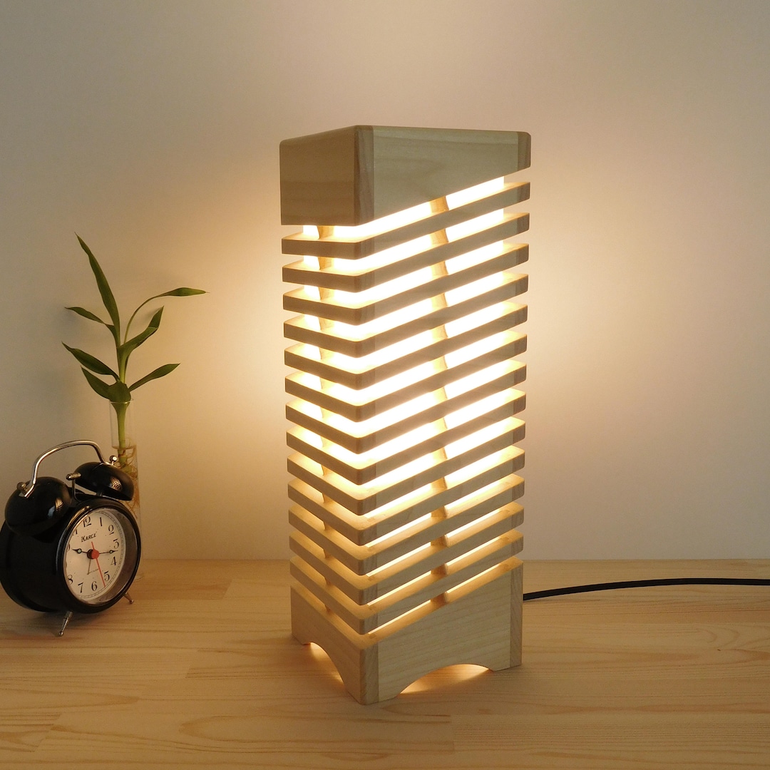 Wooden Side Table Lamp for Living Room, Handmade Led Lamp Shade Modern ...