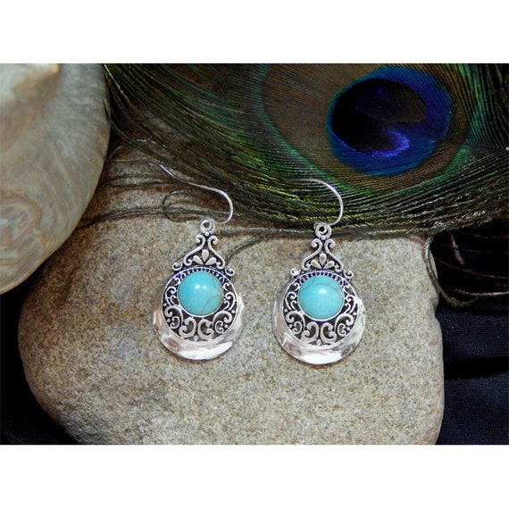 Brighton Inspired Inlaid Turquoise Open Floral Filigree Framed Rounded Hammered Shield Silver Earrings 31258 Etsy