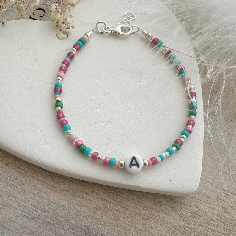 Beaded Initial Bracelet With Personalised Glass Bead, Colourful Initial ...