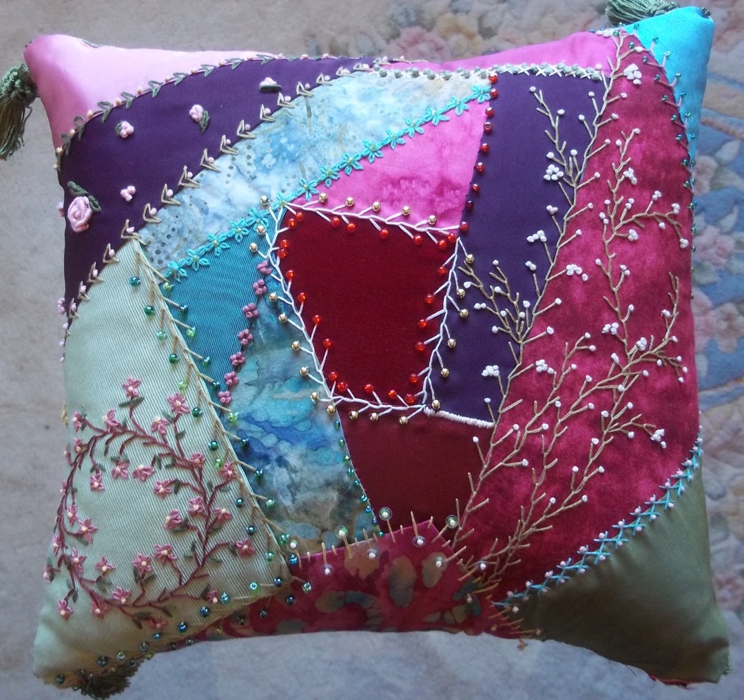 Hand Made Pillow Crazy Quilt Pillow Antique Fabrics Hand Painted ...