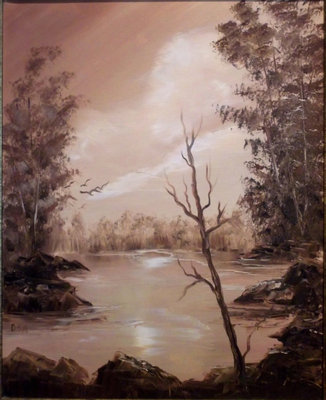 Sepia Oil Painting Framed Landscape/waterscape Sepia Toned Oil ...