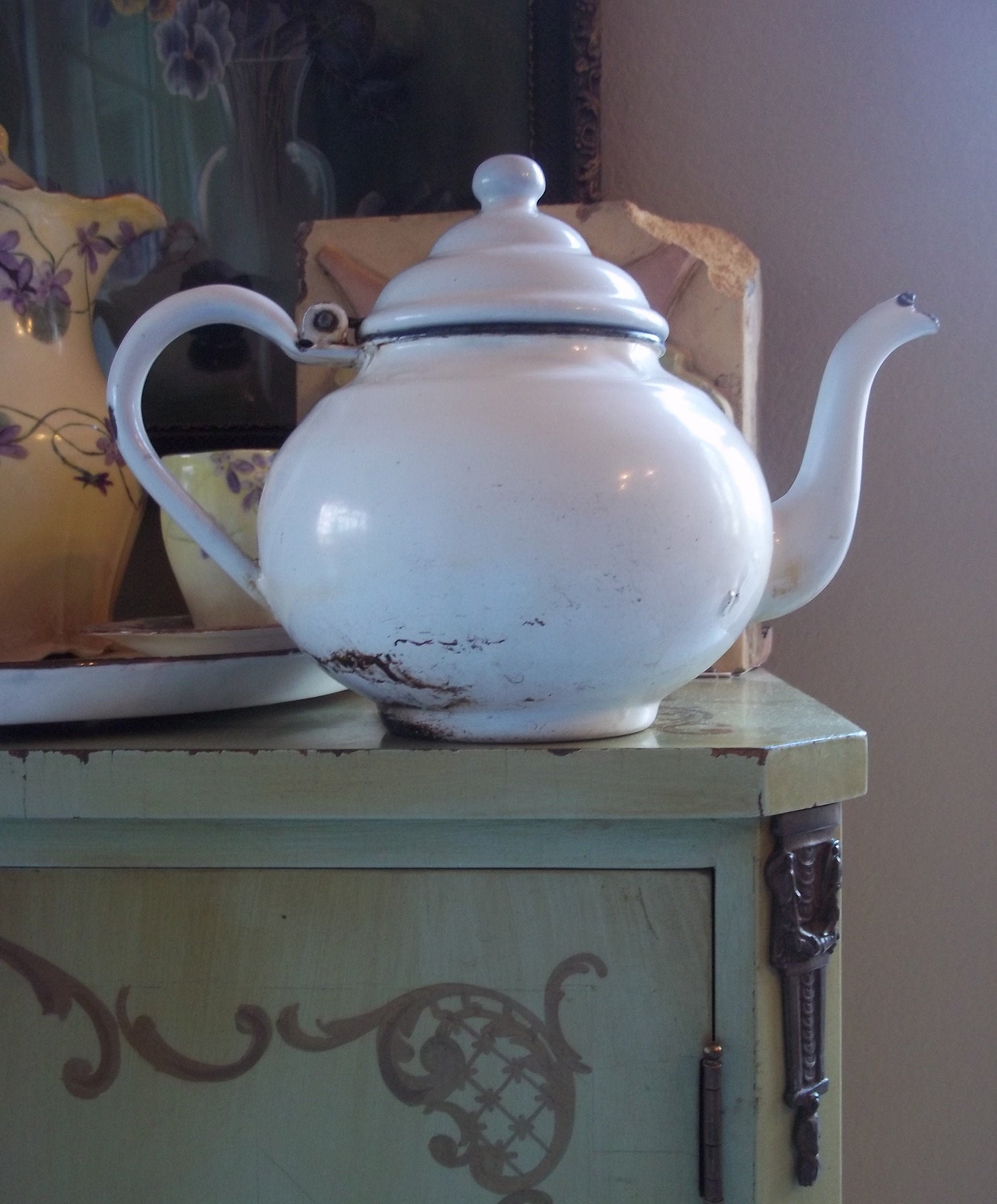 Farmhouse Primitive Enameled Teapot Coffee Pot Vintage Kitchen Dining ...