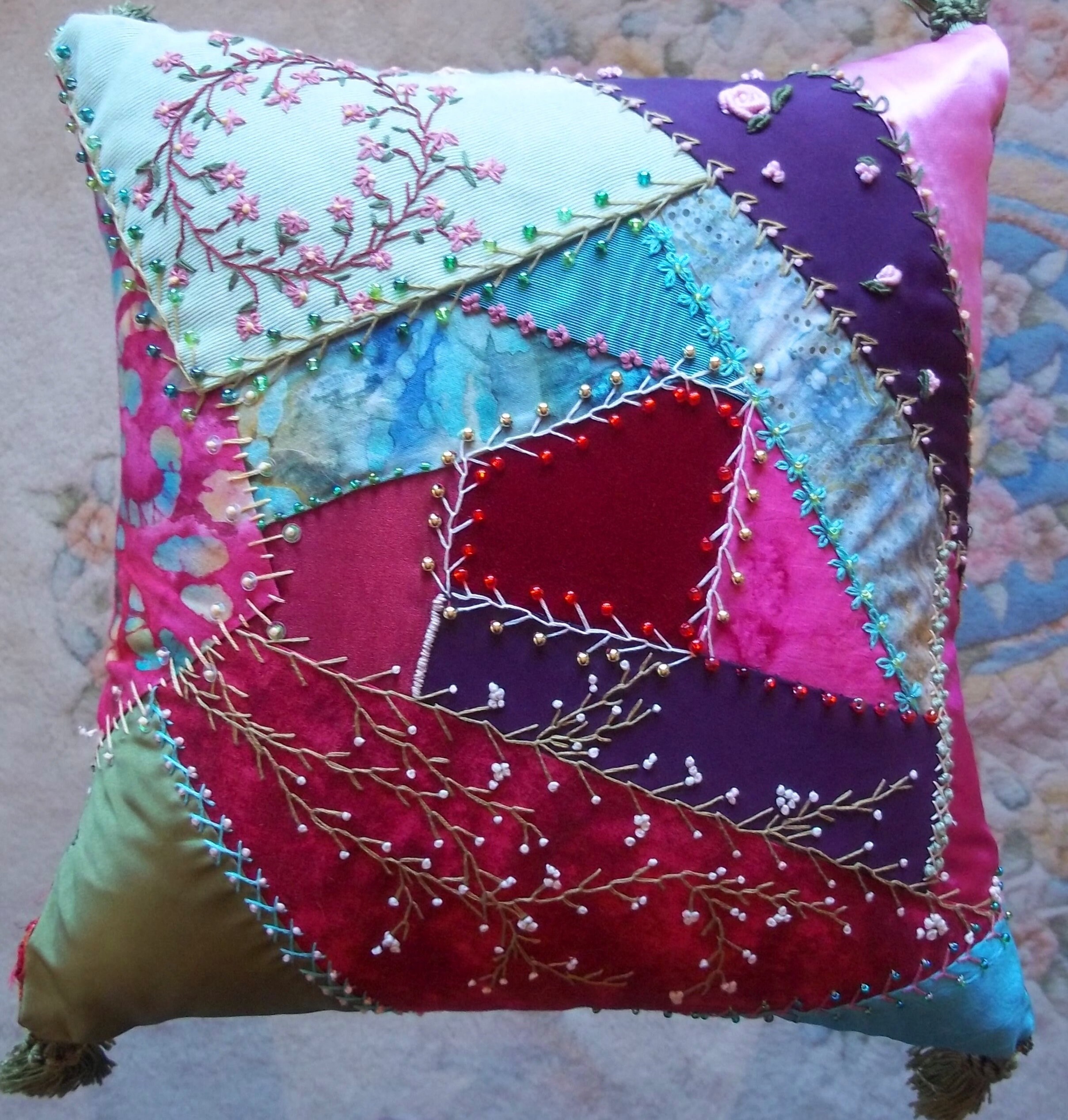 Hand Made Pillow Crazy Quilt Pillow Antique Fabrics Hand Painted ...