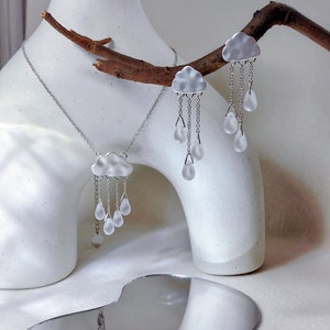 Rain Cloud Necklace, Silver Raindrop Pendant, Silver Cloud Earrings ...