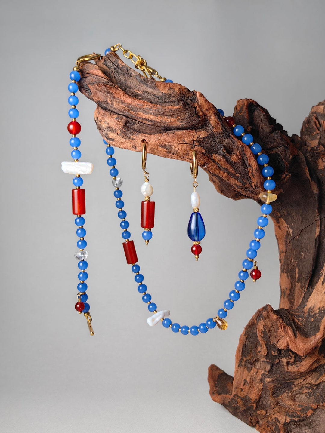 Royal Grace Jewelry Set, Blue, Red Agate Necklace, Bracelet and ...