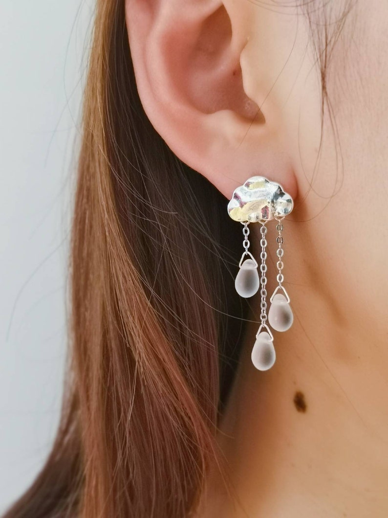 Rain Cloud Dangle Earrings: Silver Raindrop Studs, Czech Beads - Etsy ...