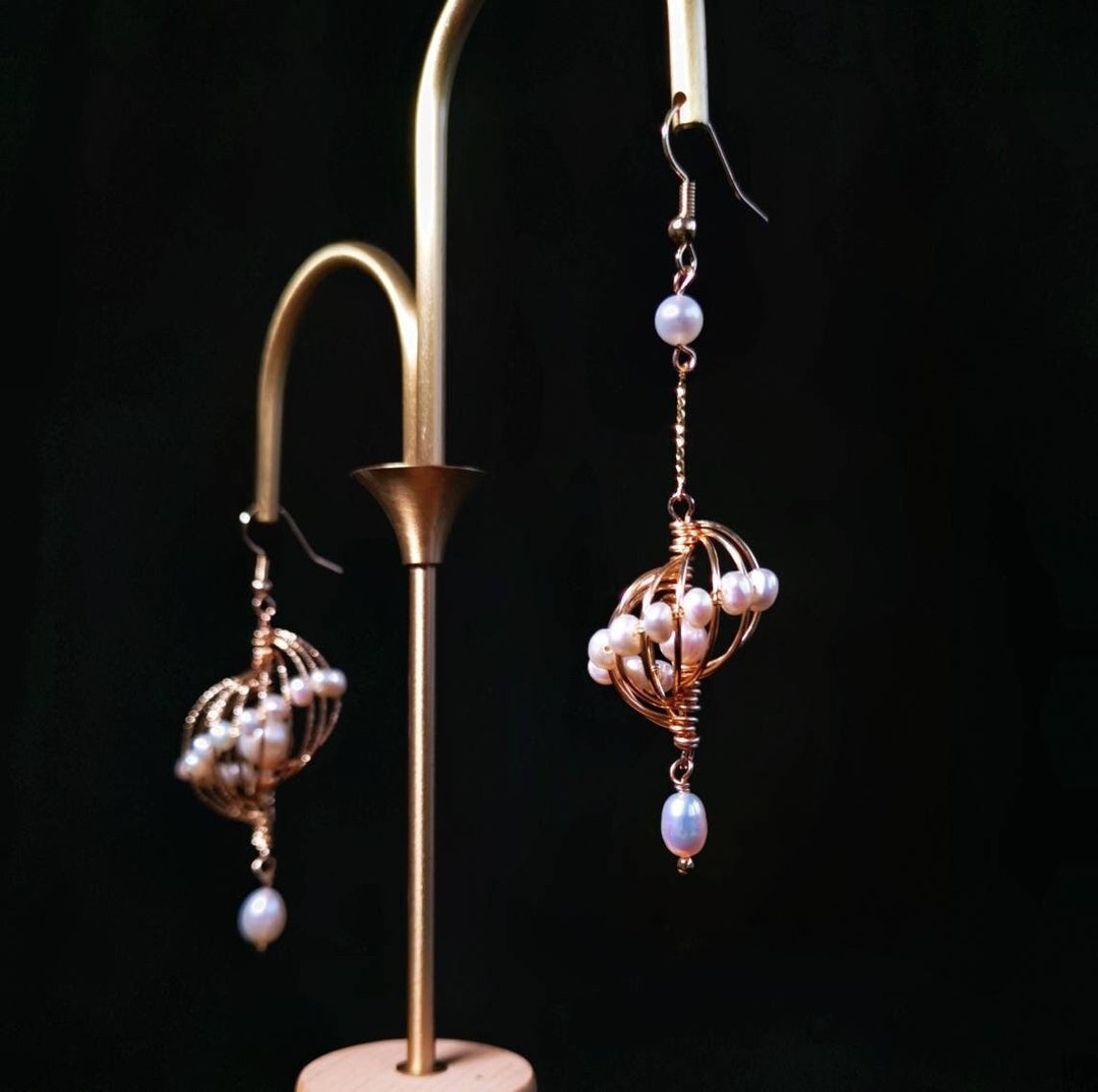 Asymmetrical Wire Wrapped Conch Shell Earrings, Freshwater Pearl ...