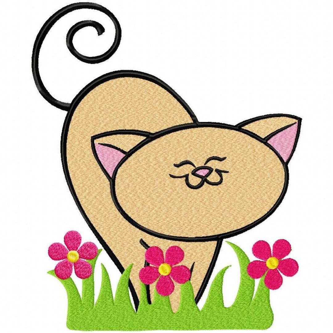 Cat & Flowers Embroidery Design File .vip .vp3 .hus .pes .pec .jef .sew ...
