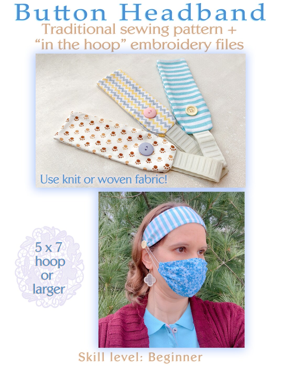 Pattern + in the Hoop Face Mask Extender Ear Saver Button Headband ...