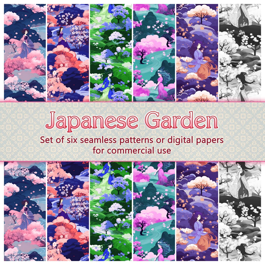 Seamless Patterns Digital Papers Digital Fabric Japanese Garden Floral ...