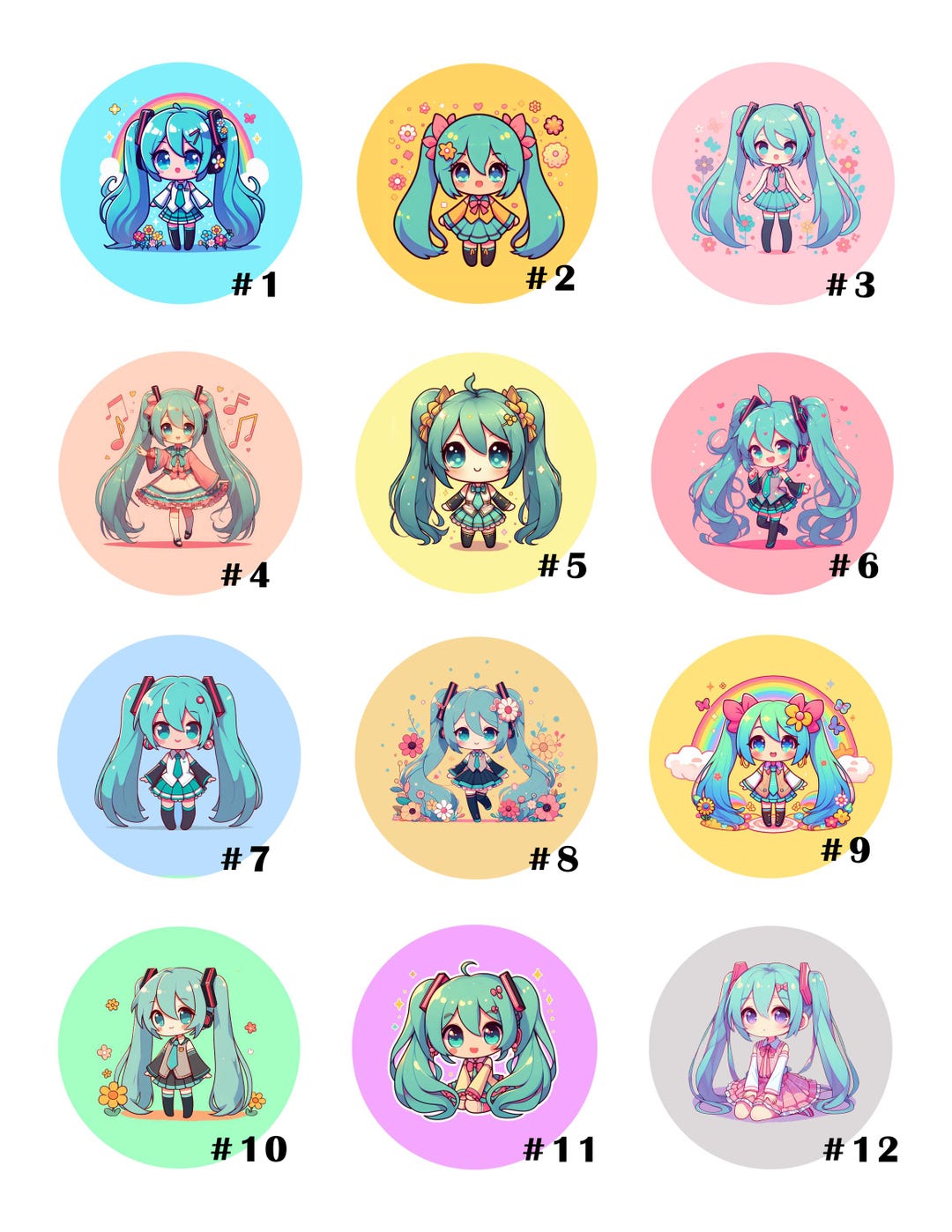 2x2 Round Vinyl Stickers Inspired by Hatsune Miku Chibi Anime Girl ...
