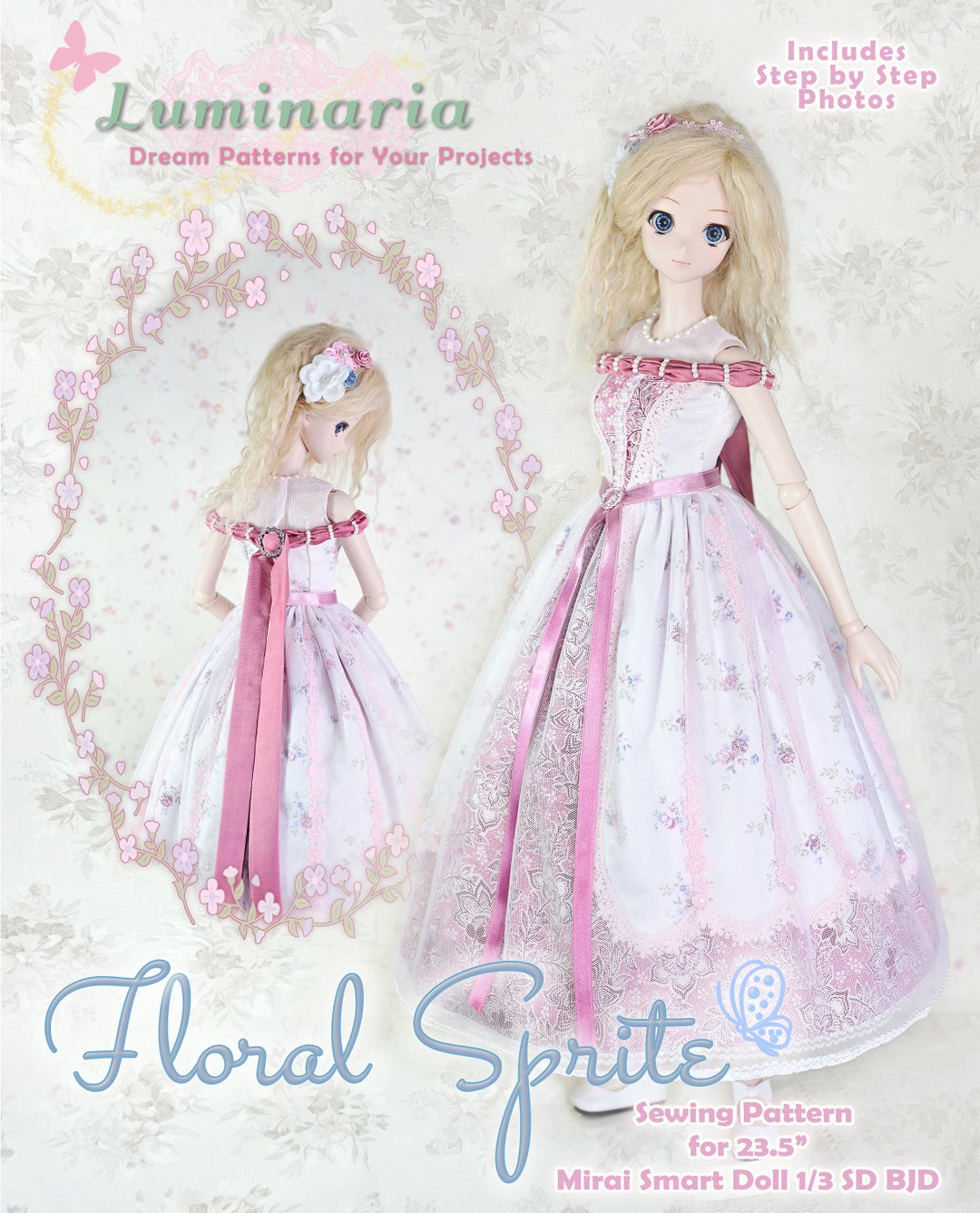 BJD Doll Clothes Pattern Fits 23.5" 1/3 SD Smart Doll Mirai Lace Dress ...