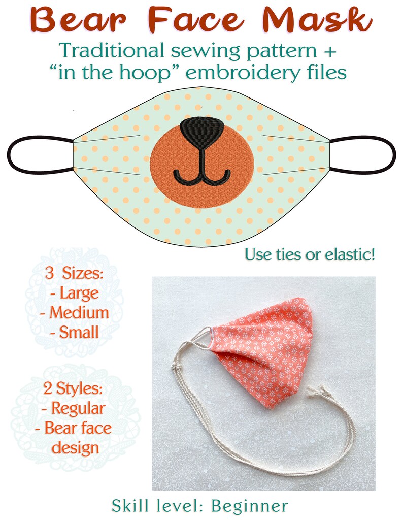 Bear Face Mask Pattern in the Hoop Embroidery Design Files 3 - Etsy