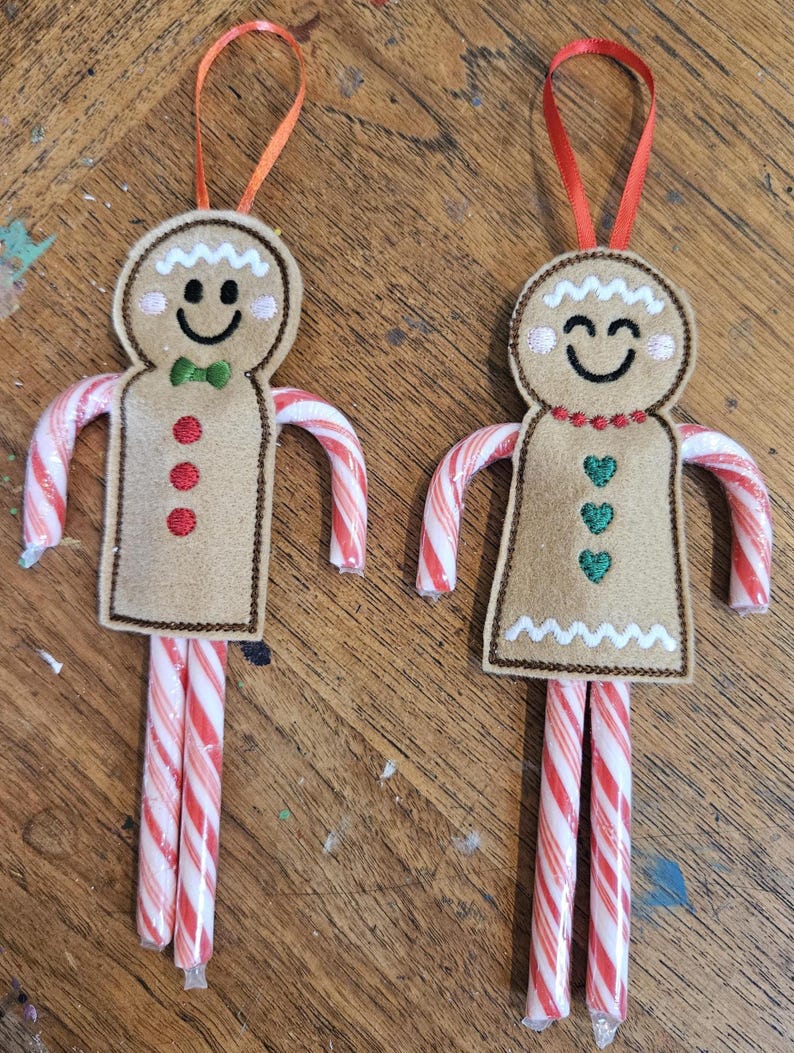 Gingerbread Man/woman Candy Cane Holders Embroidered Felt Christmas ...
