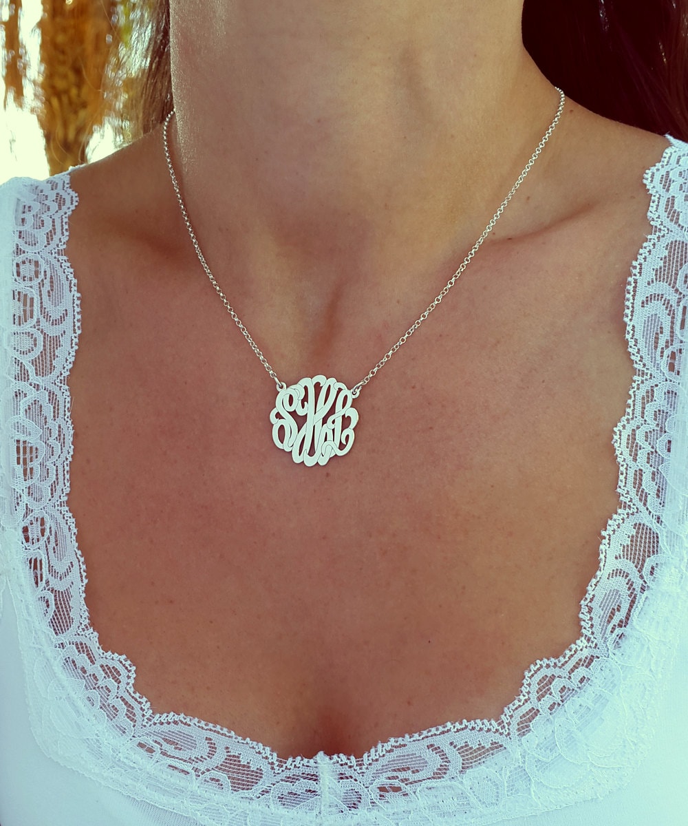 Small Monogram Necklace, 1 Inch, Sterling Silver, Monogrammed Gifts ...