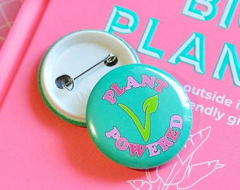 Plant Powered Button Badge Vegan Pin Badge Green and Pink Badge 38mm ...