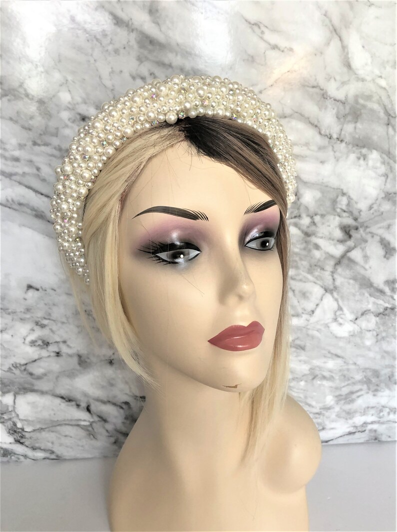 Pearl Crystal Padded Headband On Ivory Velvet 4 Cms In Width Etsy Uk