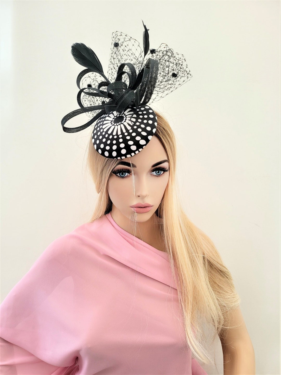 Black and White Pillbox Hat Fascinator, With Spotty Veiling and Bow ...