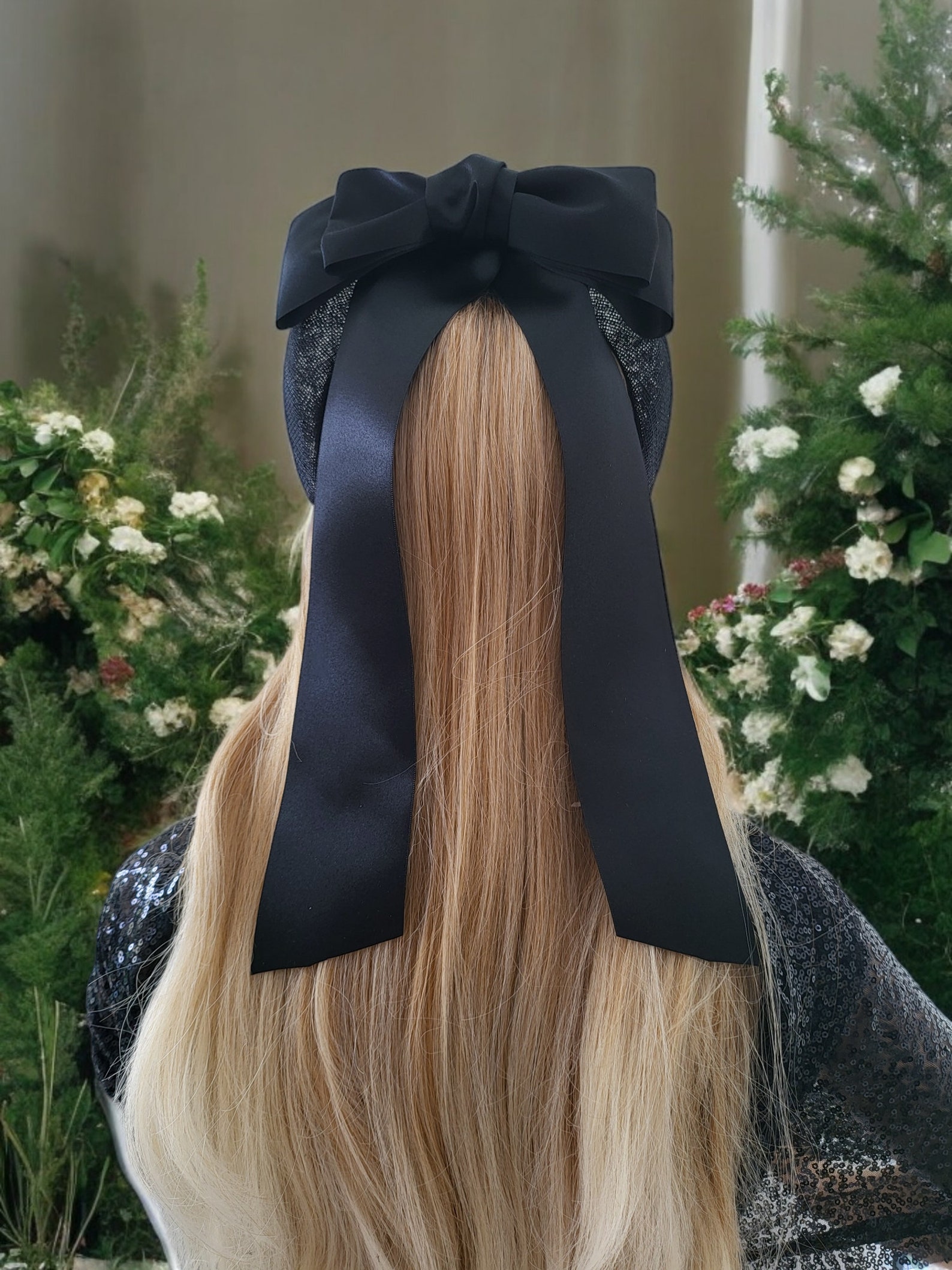 Black Satin Bow Headband Fascinator, on a Sinamay Halo Base, With Tails ...