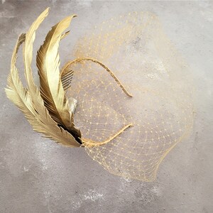 Gold Feather Design Fascinator, Leather Headpiece,blusher Veil ...