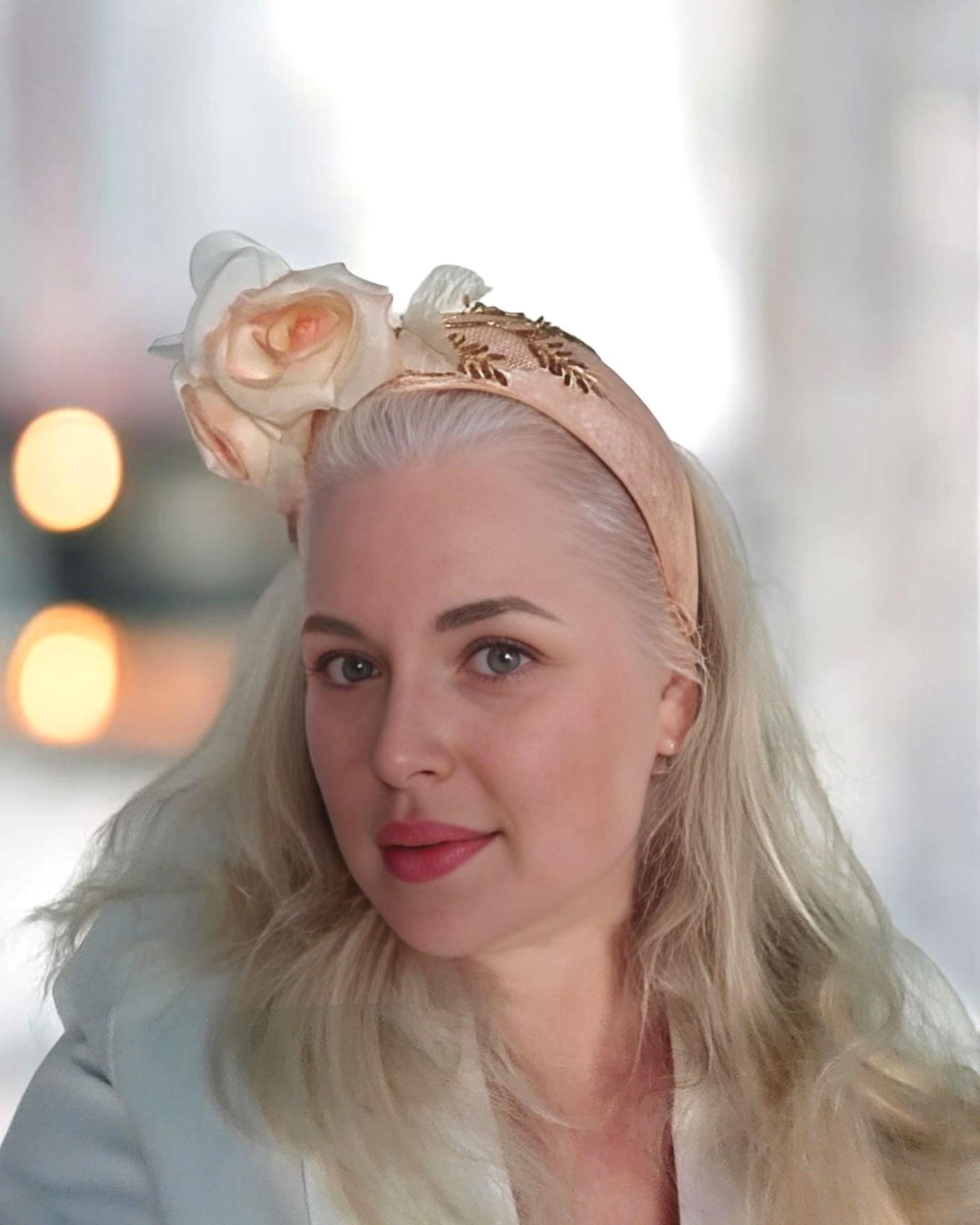 Pink Flower Fascinator Headband, With Silk Rose Flowers and Gold Beads ...
