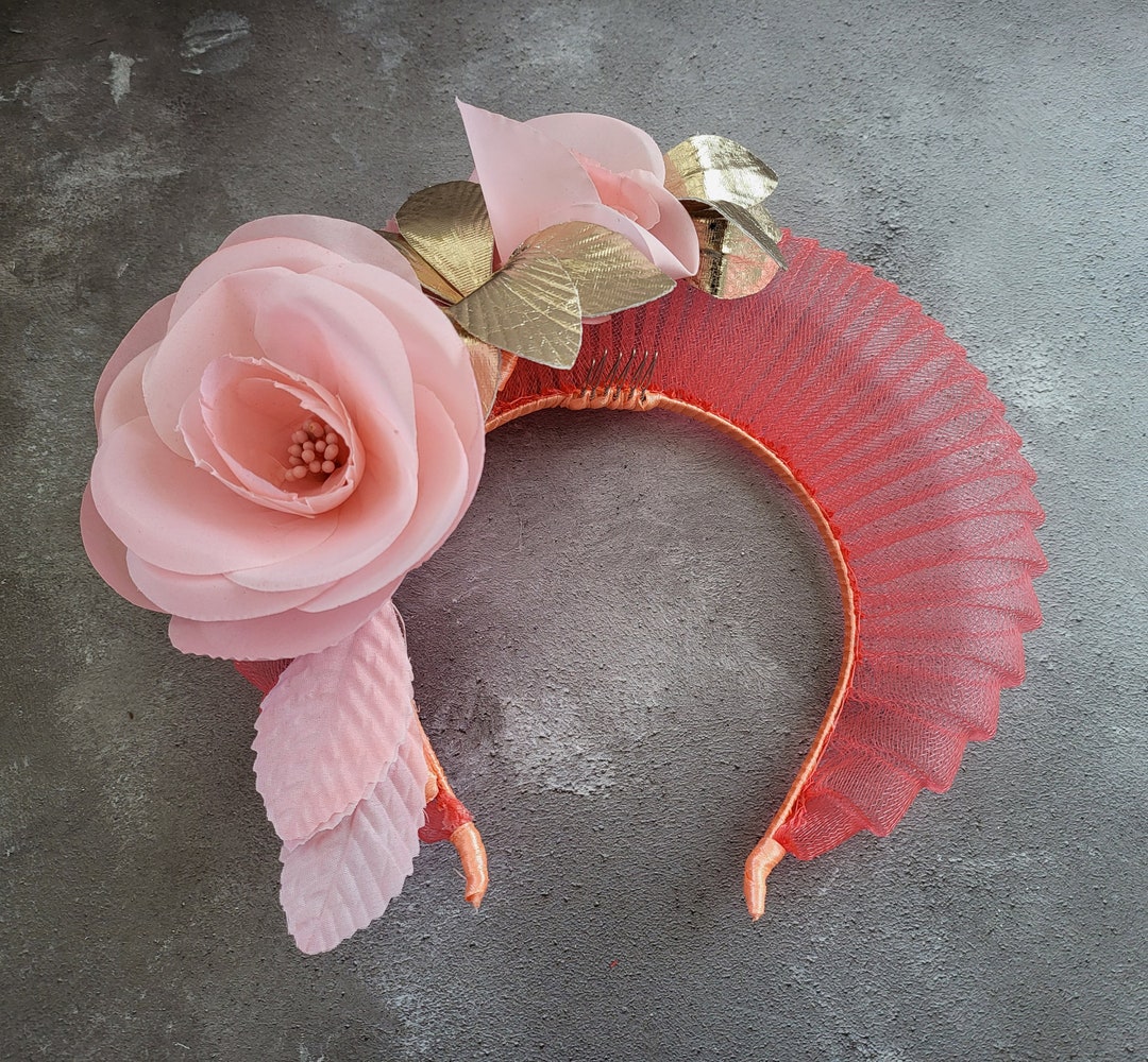 Coral Orange Fascinator Headband, Peachy Pink Silk Rose Flower Gold ...
