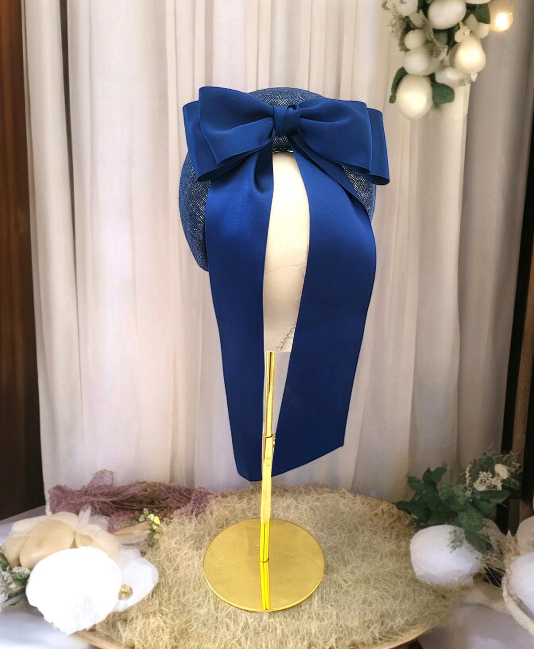 Navy Blue Satin Back Bow Headband Fascinator, on a Sinamay Halo Base ...