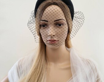 Black Velvet Veil Net Fascinator Headband Padded, With Black Velvet Veil Net Fascinator Headband Padded, With