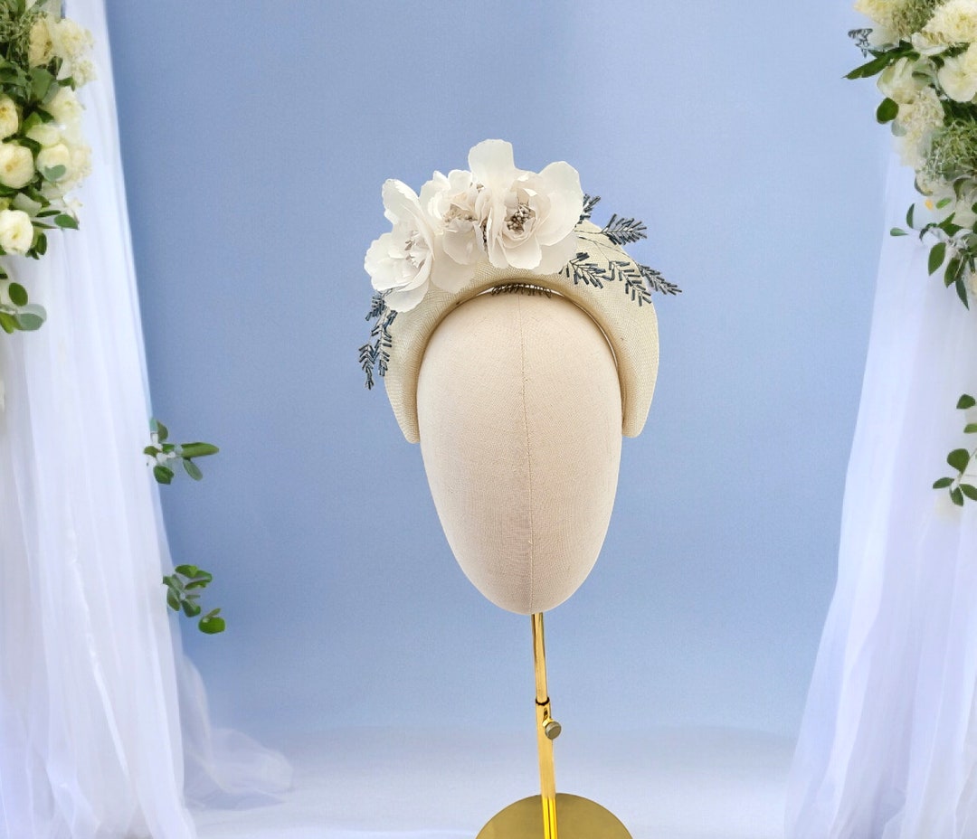 Ivory Halo Fascinator Headband, With Silk Organza Flower Vine and Blue ...