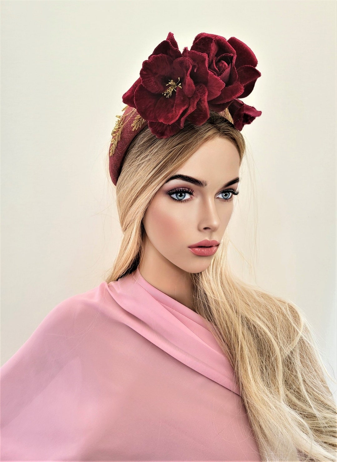 Burgundy Wine Red Halo Fascinator Headband, With Velvet Flowers and ...