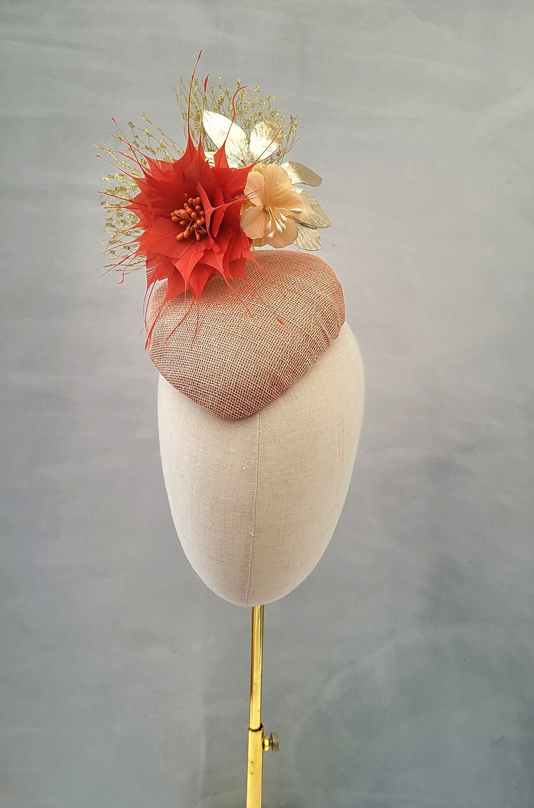 Peach Teardrop Percher Hat Fascinator, With Bow and Veiling, Races ...