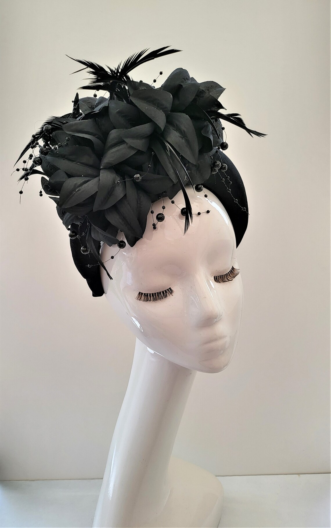 Black Feather Fascinator on a Satin Tall Padded Headband | Etsy