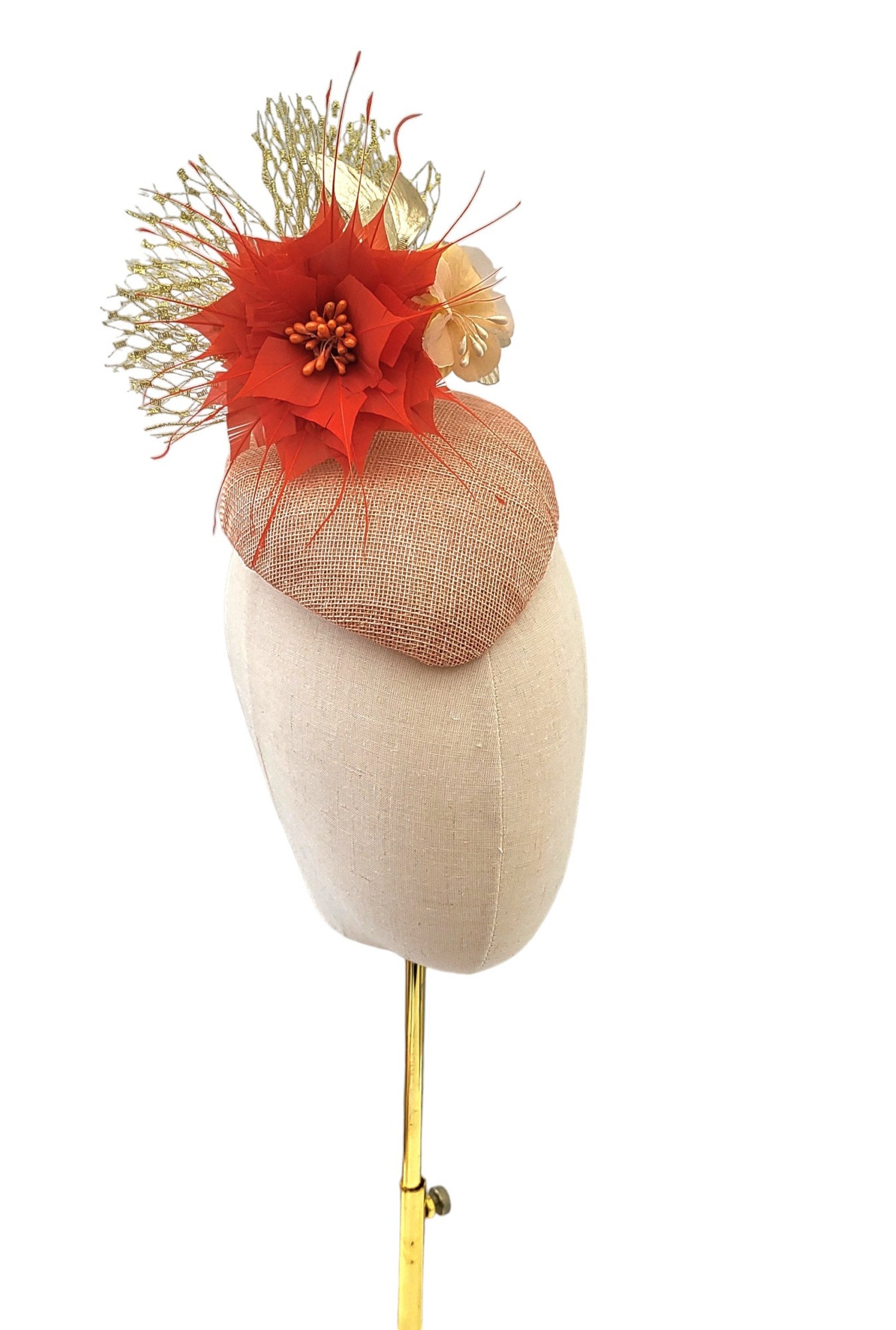 Peach Teardrop Percher Hat Fascinator, With Bow and Veiling, Races ...