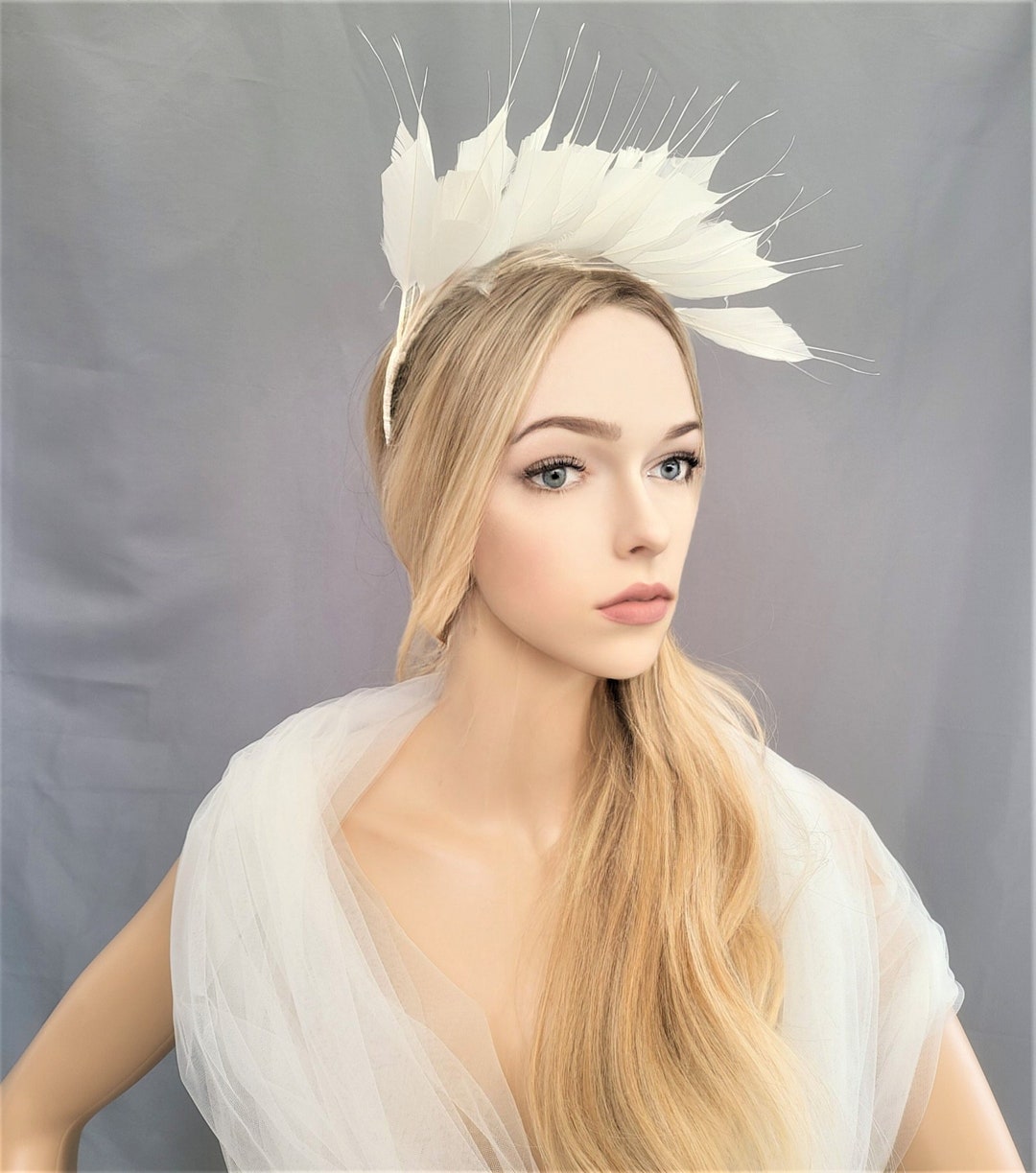 Off White Feather Crown Headband, Fascinator, for Races Weddings ...