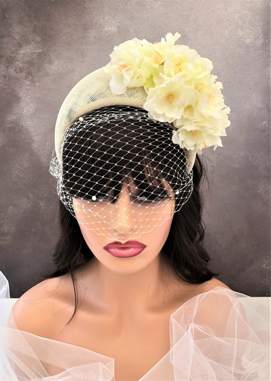 Cream Flower Headband With Veil on Beige Headpiece Lightweight 7.5 Cms ...