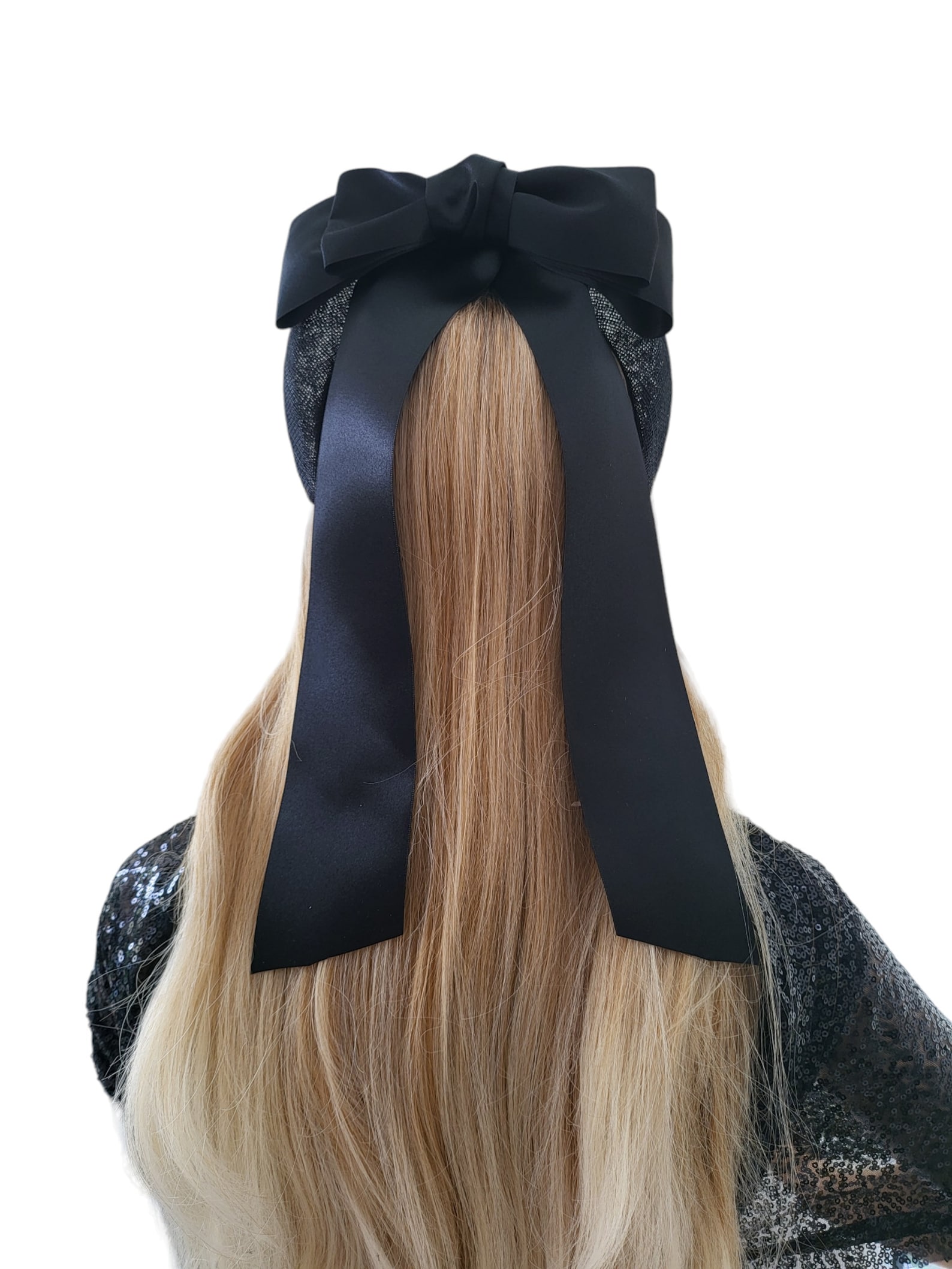 Black Satin Bow Headband Fascinator, on a Sinamay Halo Base, With Tails ...