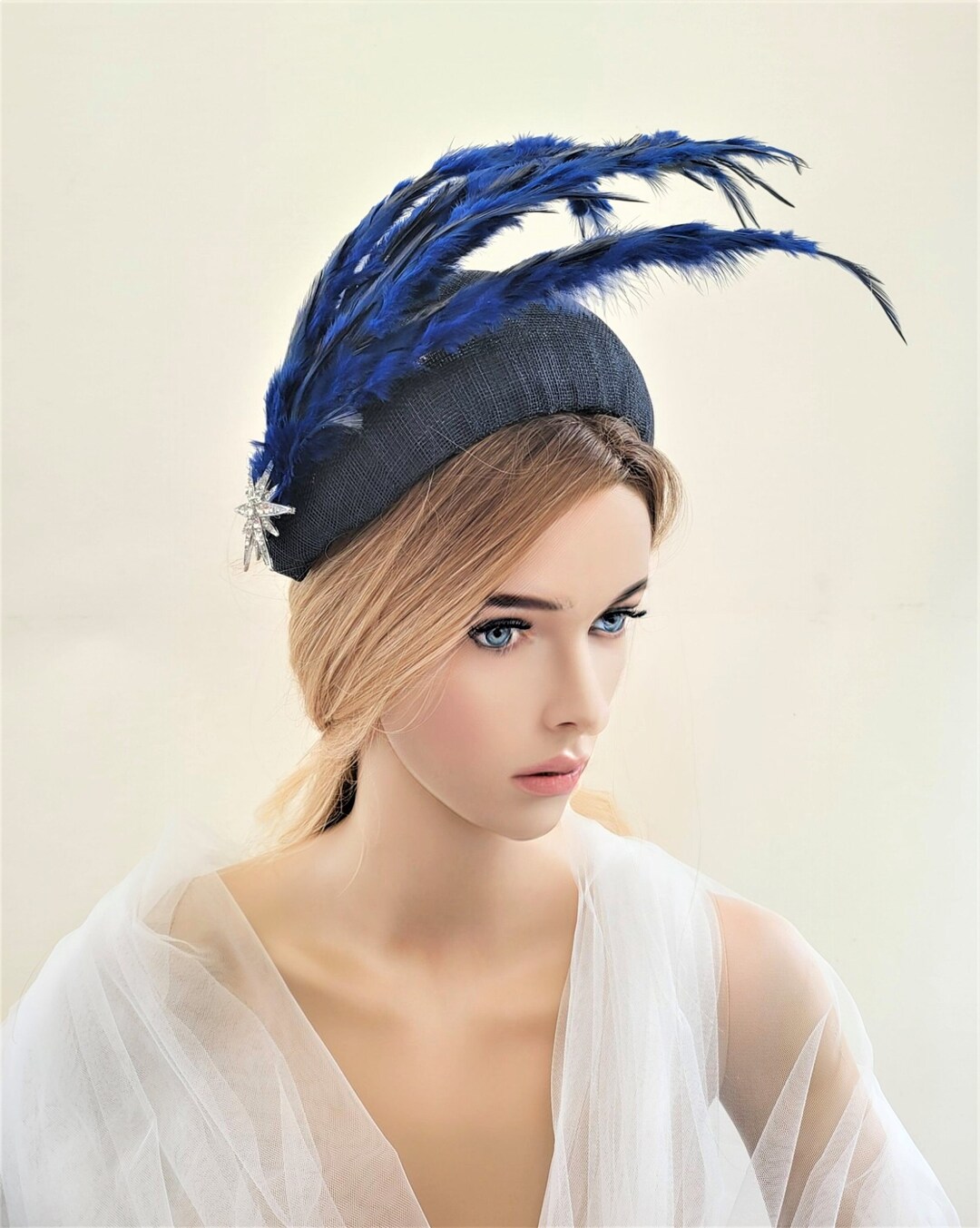 Dark Blue Feather Bandeau Fascinator Hat, Headpiece, With Diamante Star ...