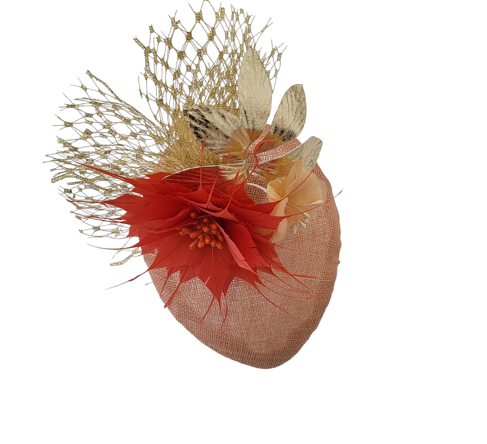 Peach Teardrop Percher Hat Fascinator, With Bow and Veiling, Races ...