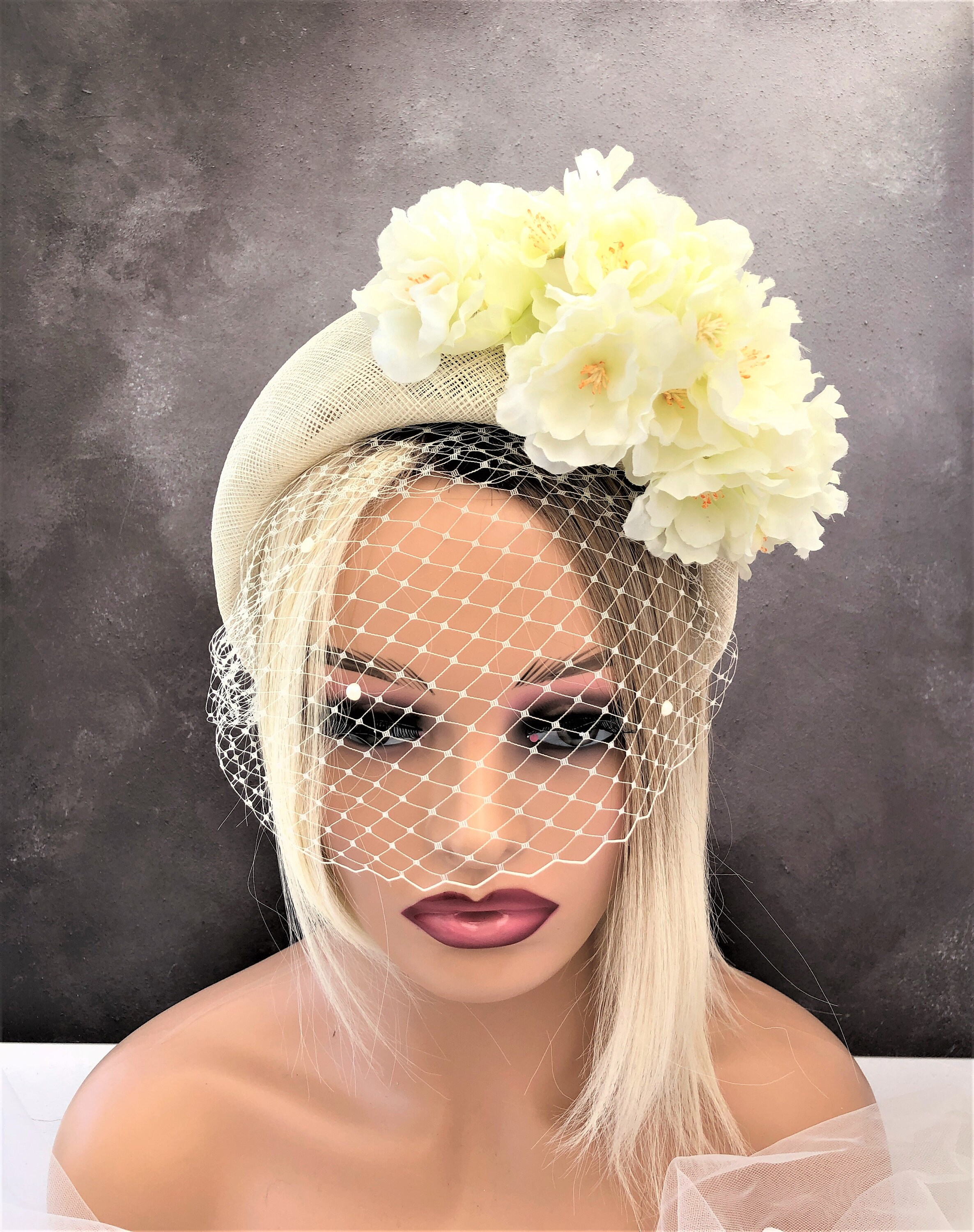 Cream Flower Headband with Veil on beige Headpiece | Etsy