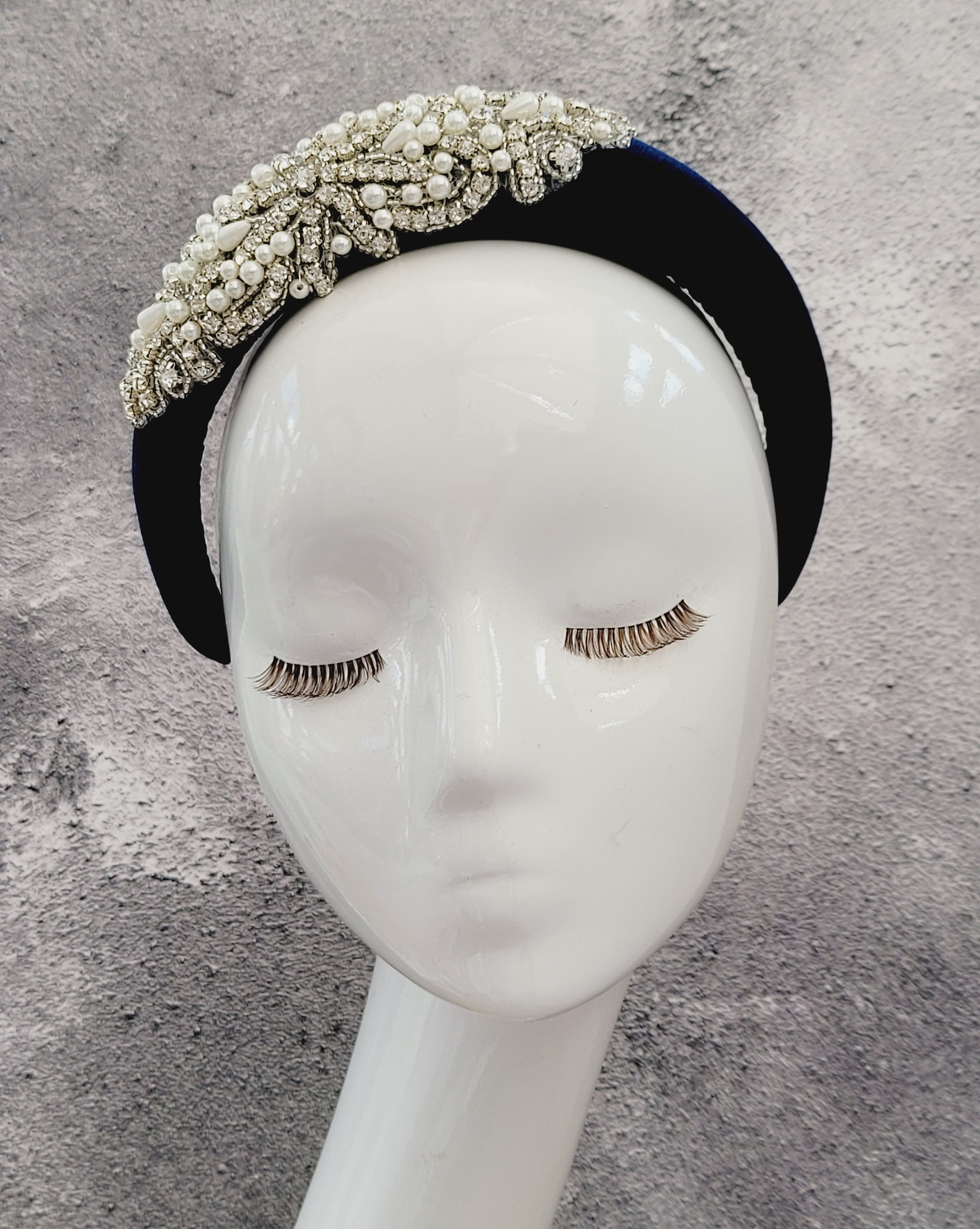 Navy Blue Velvet Diamante Headband, Vintage Style Headpiece, Padded 4 ...