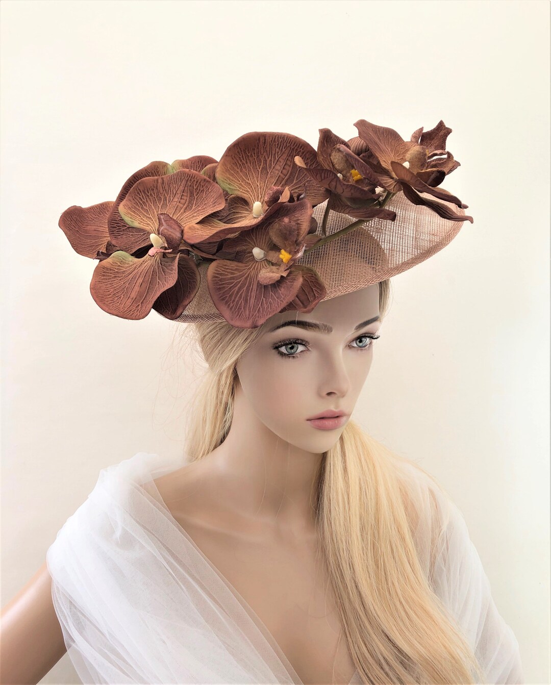 Beige Orchid Flower Fascinator, Percher Hat, Latte Saucer, Races ...