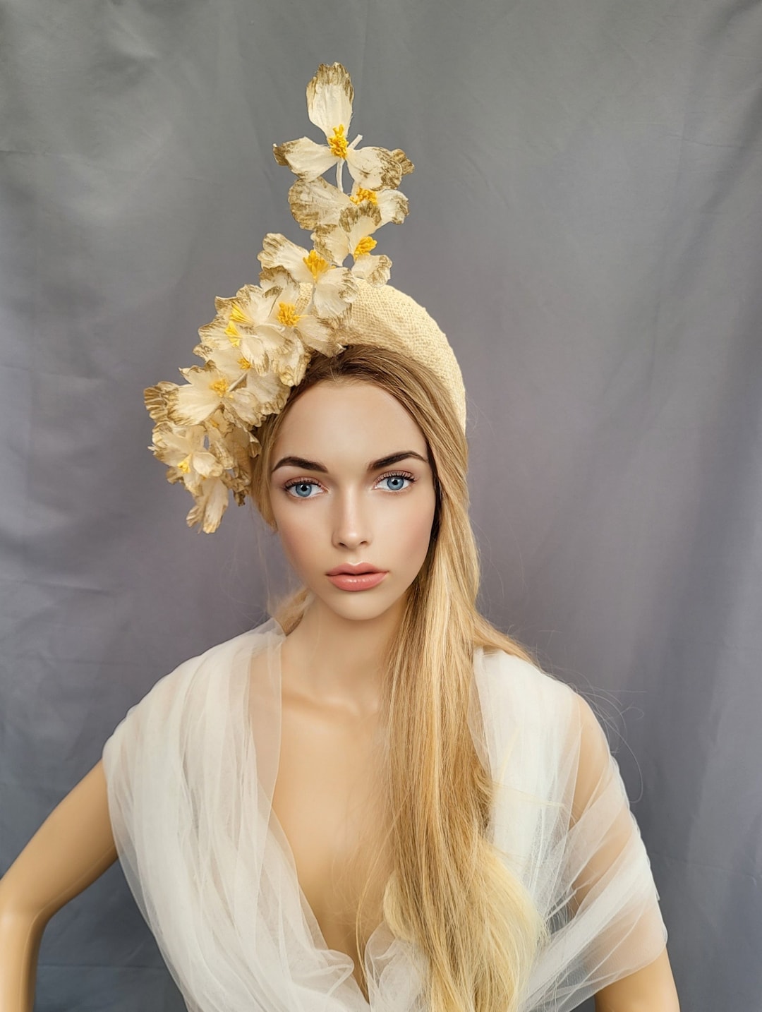 Beige Fascinator With Cream and Gold Leaf Flowers, Halo Crown Headband ...
